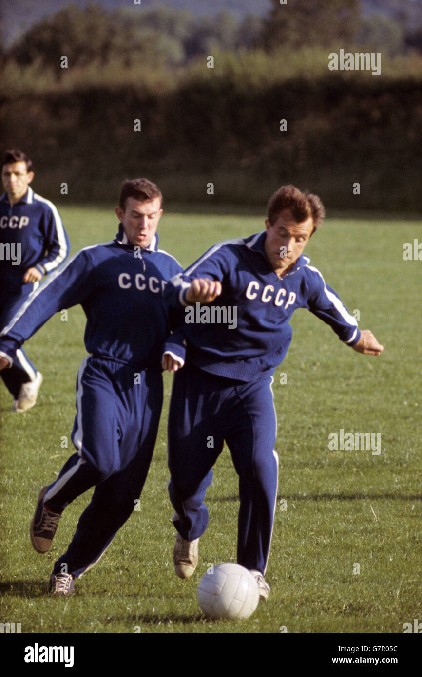 (L-R) USSR's Igor Chislenko and Vasily Danilov battle for the ball ...
