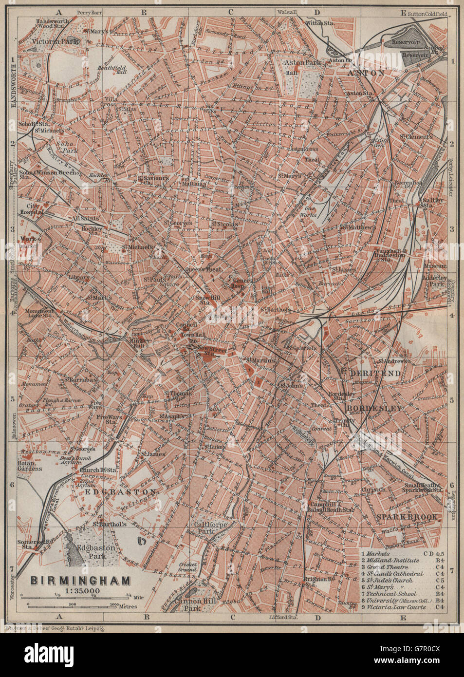 BIRMINGHAM town city plan. Edgbaston Aston Deritend Bordesley Saltley ...