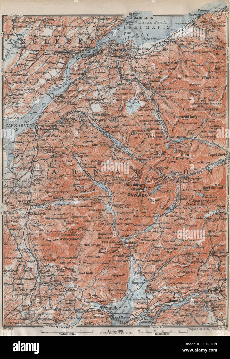 SNOWDONIA topo-map. Caernarfon Bangor Menai Straits. Tremadoc. Wales ...