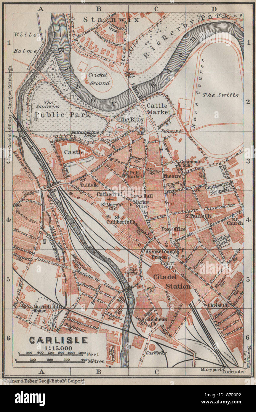 CARLISLE antique town city plan. Cumbria. BAEDEKER, 1910 antique map ...