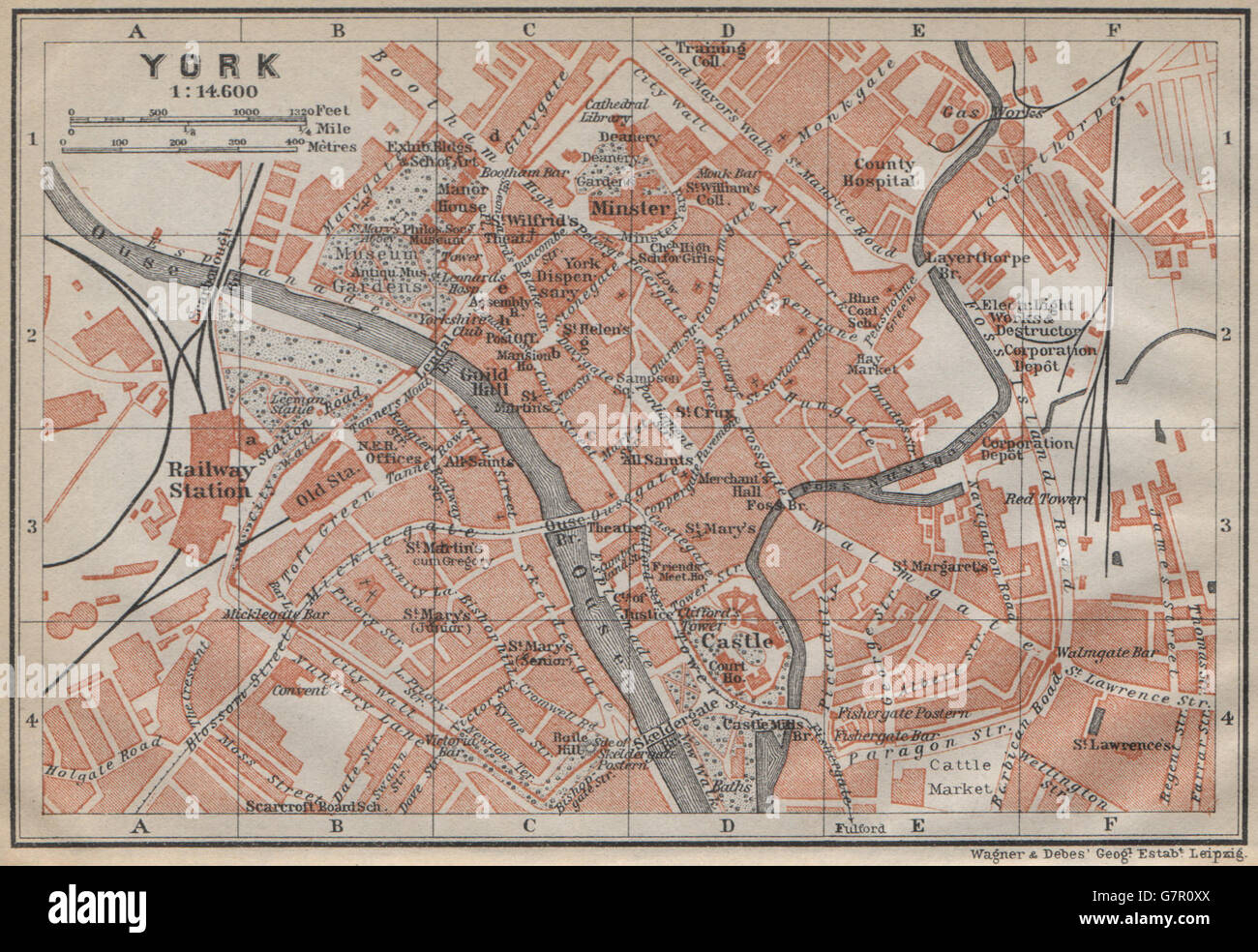 YORK antique town city centre plan. Yorkshire. BAEDEKER, 1910 antique ...