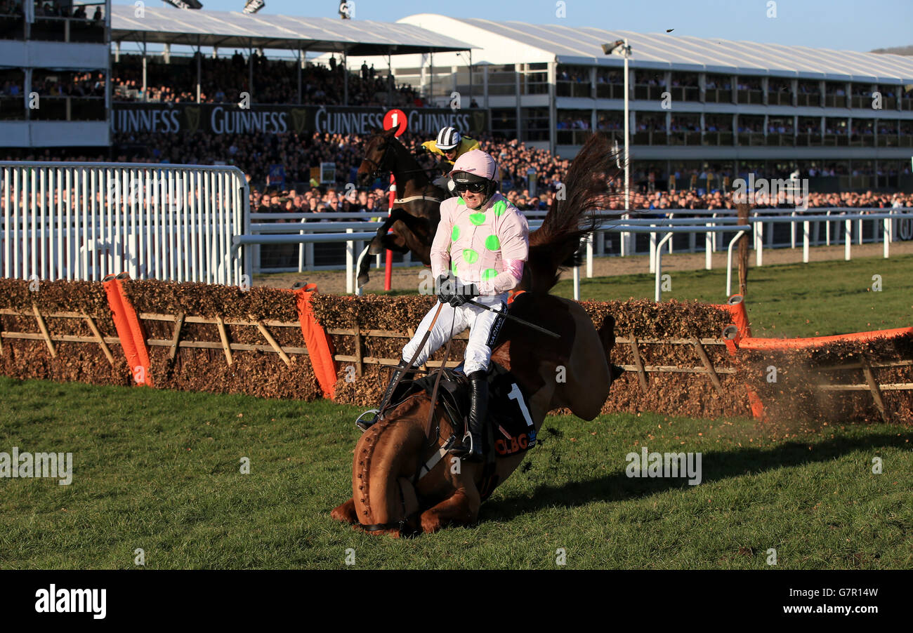 Annie Power ridden by Ruby Walsh falls after jumping the last fence ...