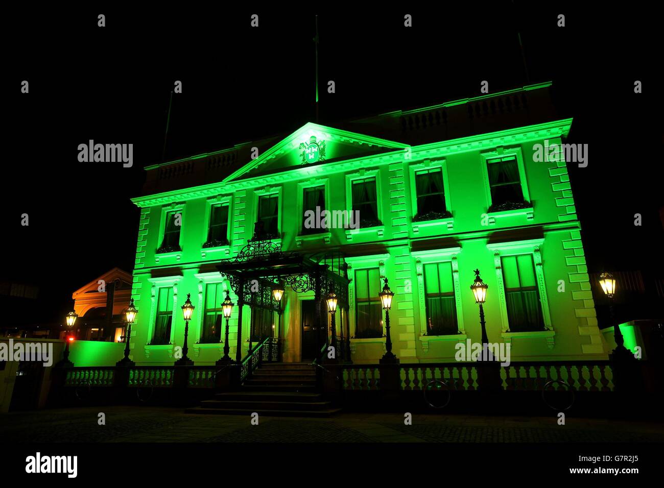 The Mansion House in Dublin is illuminated in green ahead of the St ...