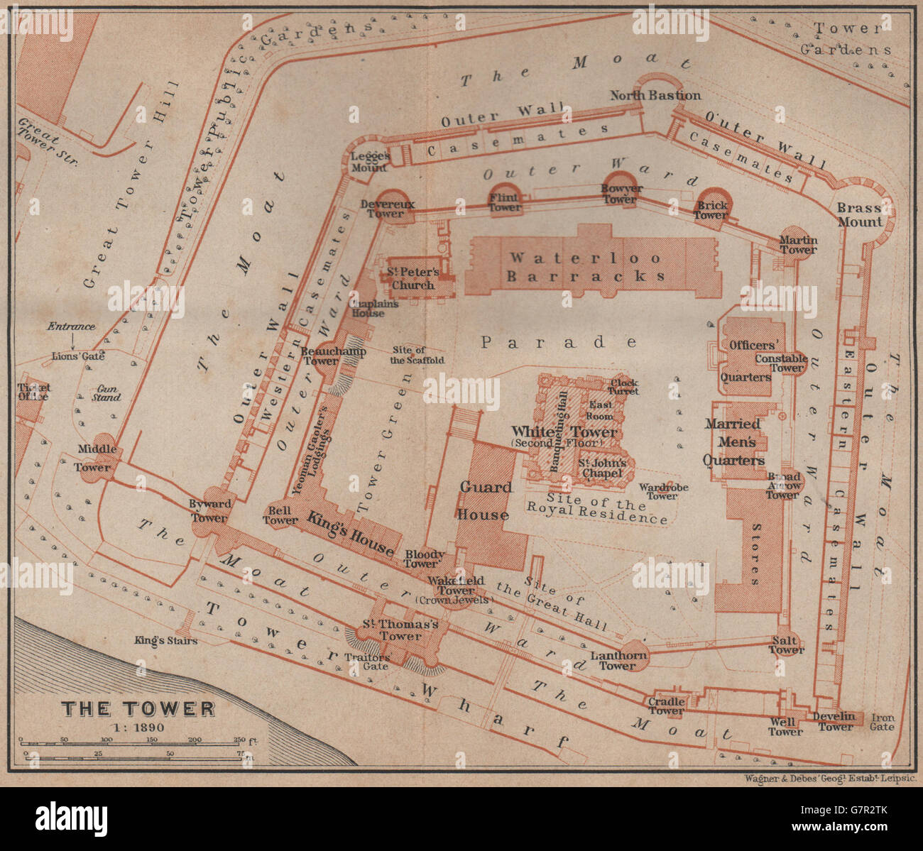THE TOWER OF LONDON ground plan. BAEDEKER, 1905 antique map Stock Photo ...