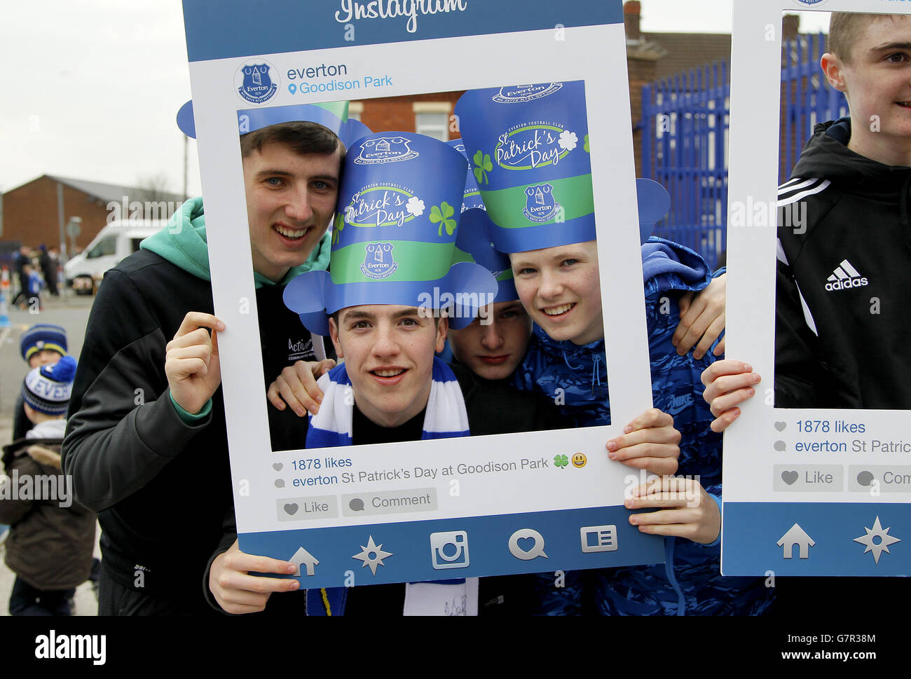 Everton fans pose with Instagram photo frames with Changy the Elephant ...