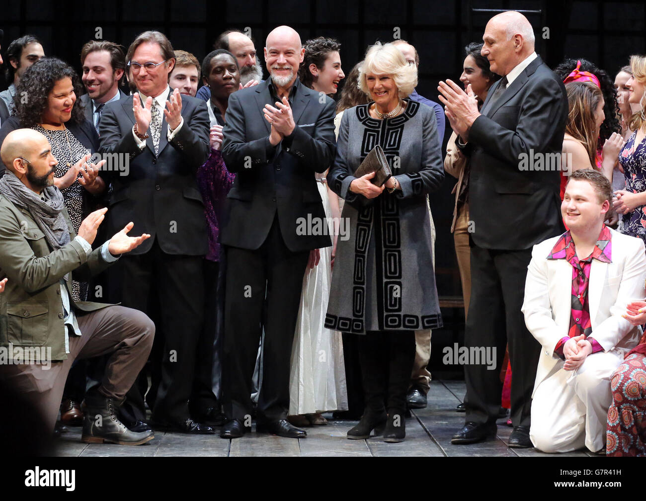 The Duchess of Cornwall meets performers on stage during a visit to the ...