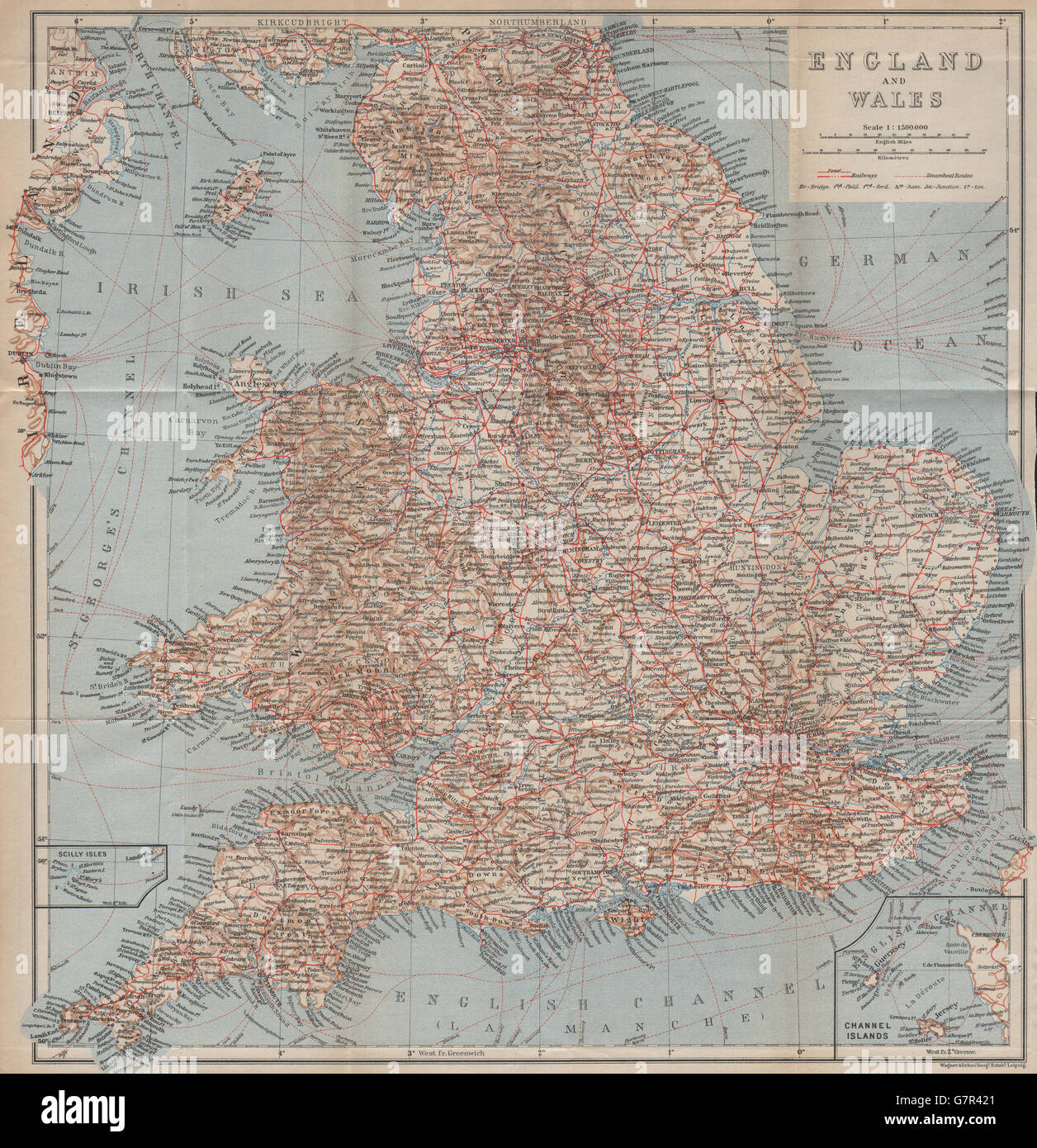ENGLAND AND WALES. Railways and steamboat routes. UK. BAEDEKER, 1930 ...