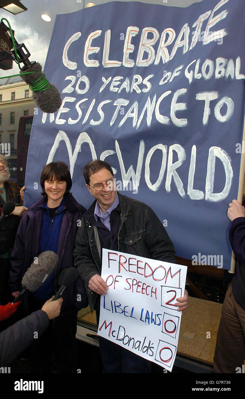 The McLibel 2, Helen Steel and David Morris talk to the media outside ...