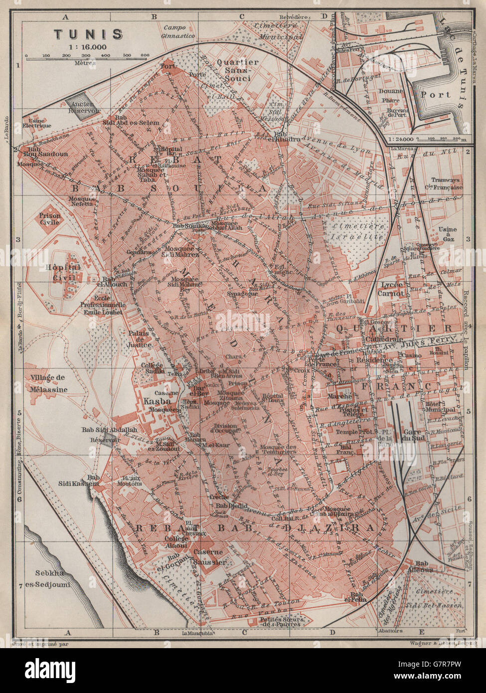 TUNIS antique town city plan. Tunisia carte. BAEDEKER, 1911 antique map ...