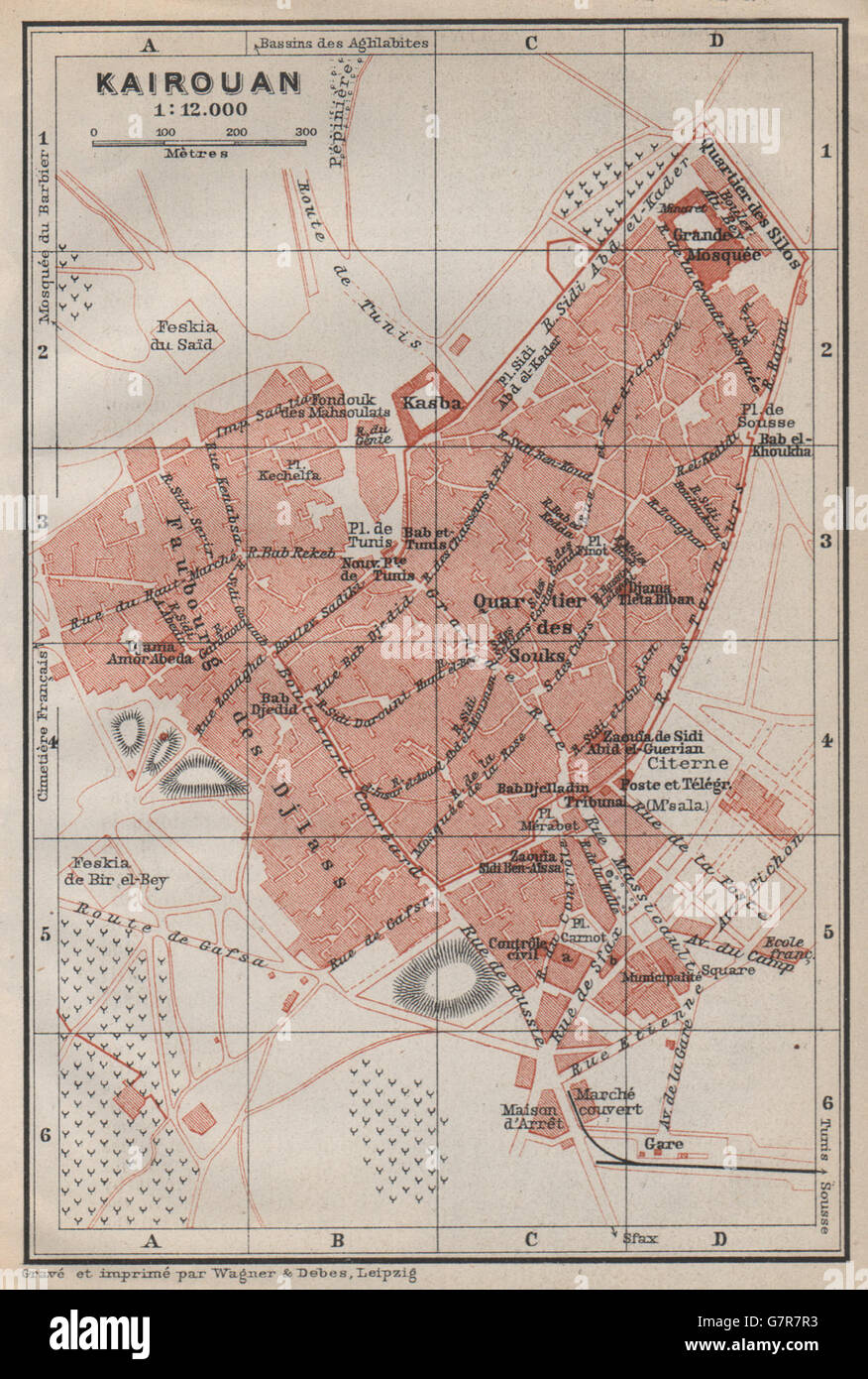 KAIROUAN (Kirwan / al-Qayrawan) antique town city plan. Tunisia carte ...