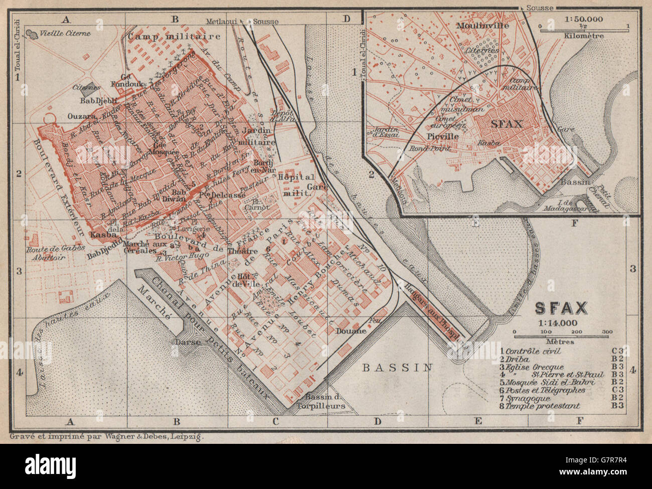 SFAX antique town city plan. Tunisia carte. BAEDEKER, 1911 antique map ...
