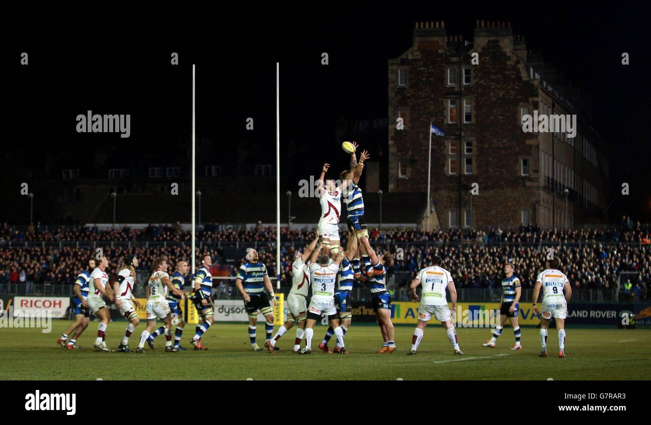 Bath's Dominic Day contests a lineout with Sale's Nathan Hines during ...