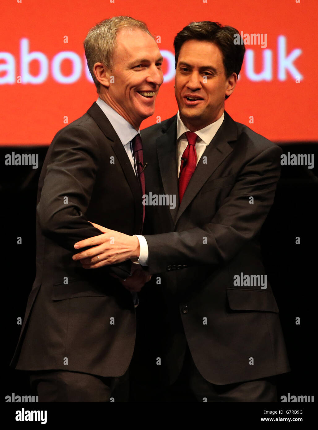 Scottish Labour leader Jim Murphy (left) congratulates Labour leader Ed ...