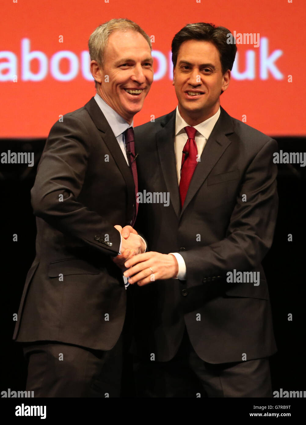 Scottish Labour leader Jim Murphy (left) congratulates Labour leader Ed ...