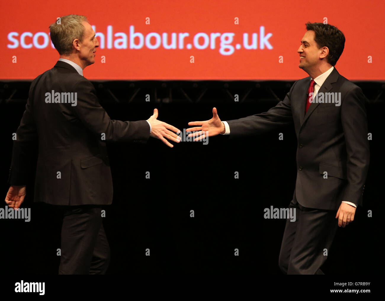 Scottish Labour leader Jim Murphy (left) congratulates Labour leader Ed ...