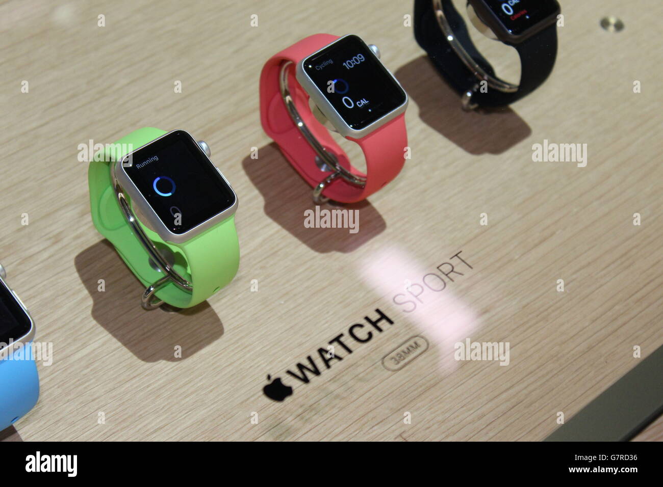 Different styles of the new Apple Watch Sport on display at an Apple ...