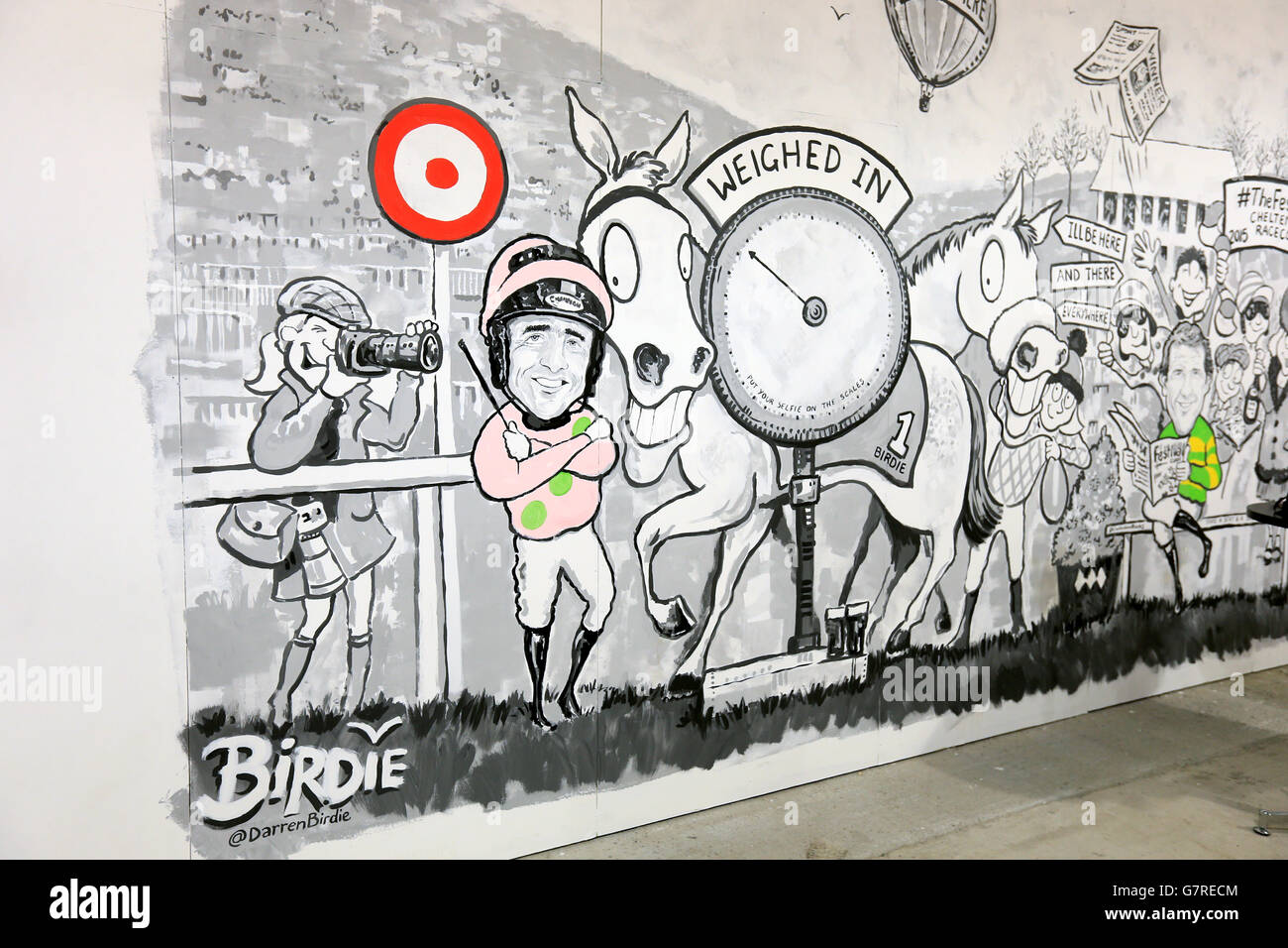 Cartoon caricatures on the wall of the #illbethere Bar at Cheltenham ...