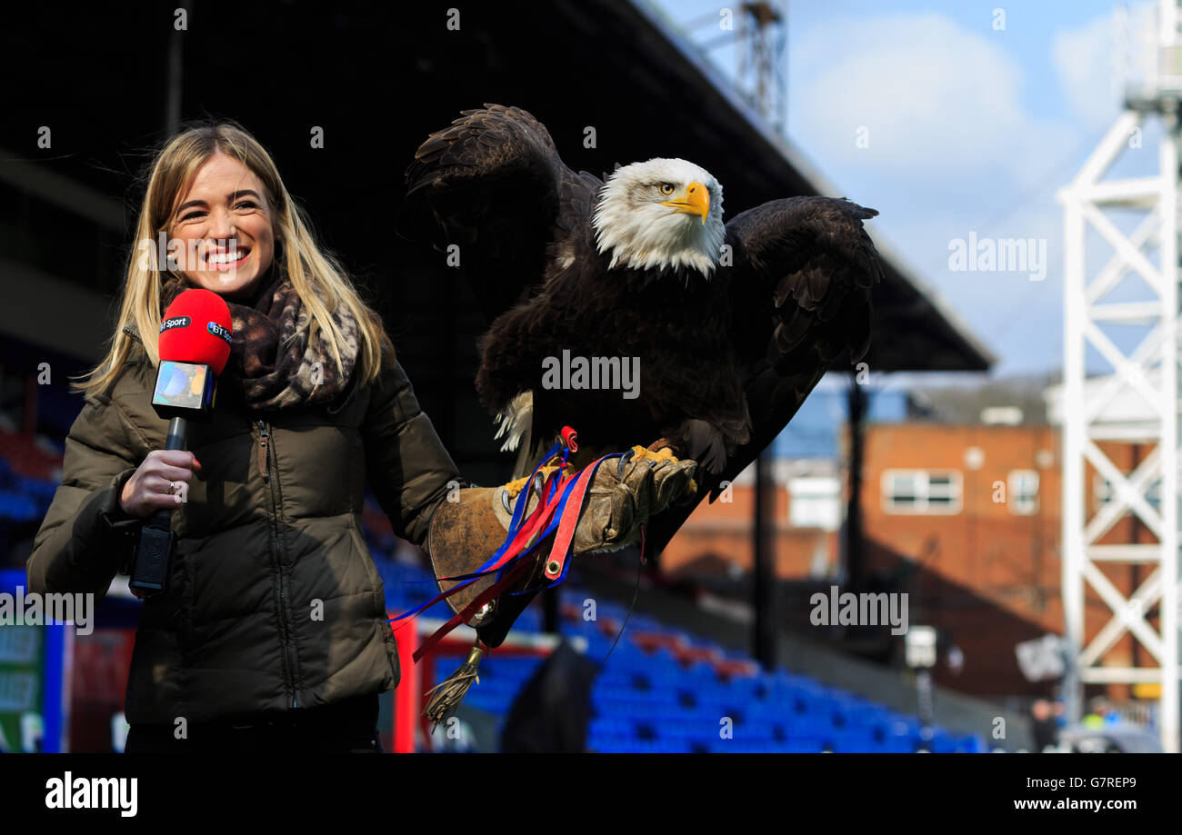 Crystal Palace mascot Kayla the Eagle is held by BT Sport presenter ...