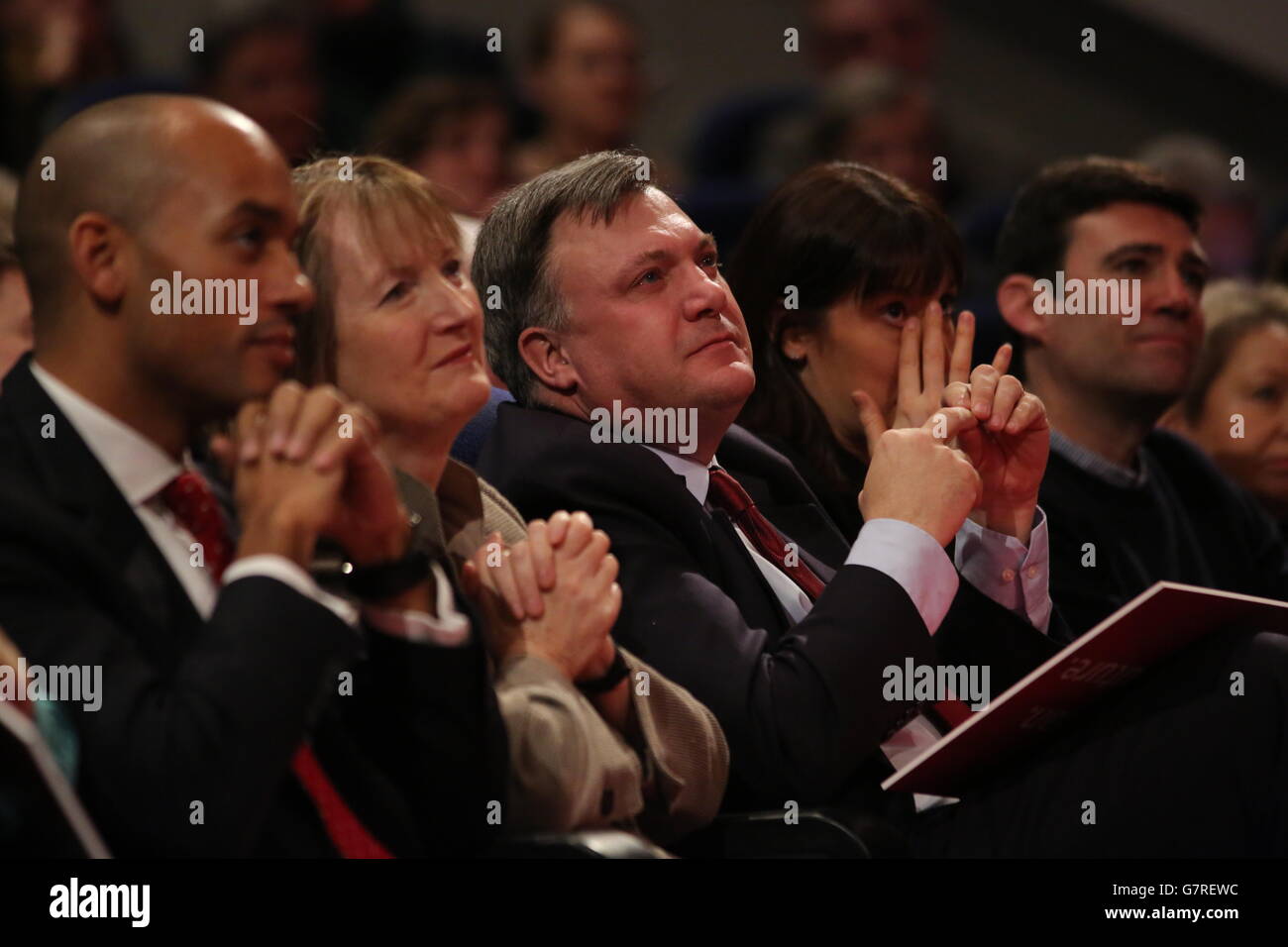 Labour MPs (left - right) Chuka Umunna, Harriet Harmann and Ed Balls ...