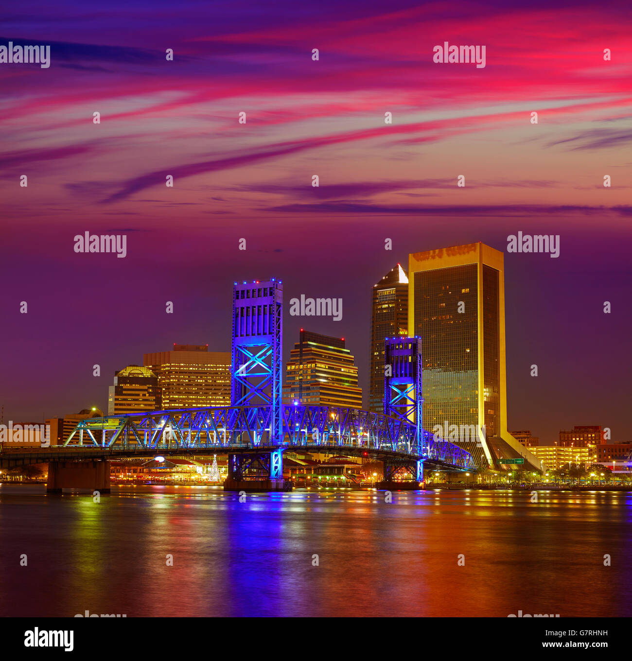 Jacksonville skyline sunset river reflection in Florida USA Stock Photo ...