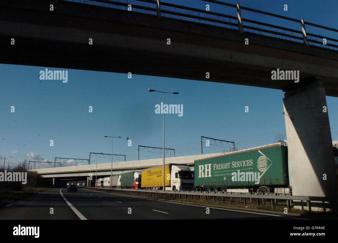Lorries queue up on the M20 motorway in Kent. Making their way to the ...