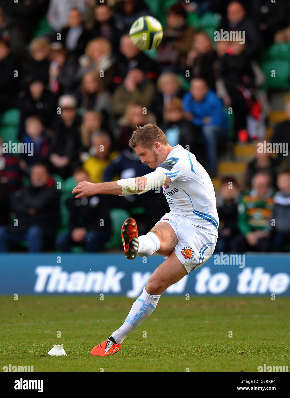 Exeter Chiefs' Gareth Steenson kicks a conversion to level the scores ...