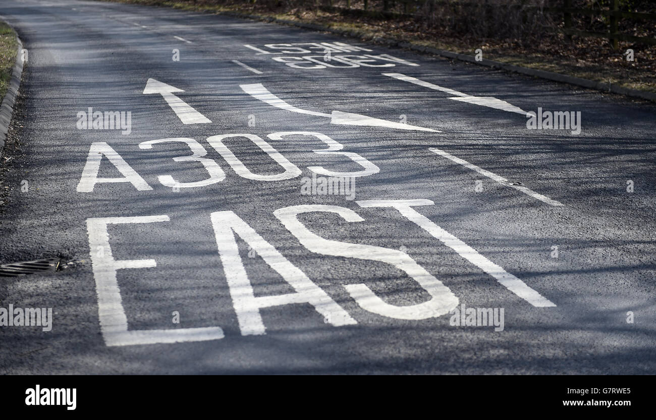 General view of road markings directing traffic to the A303 A-road ...