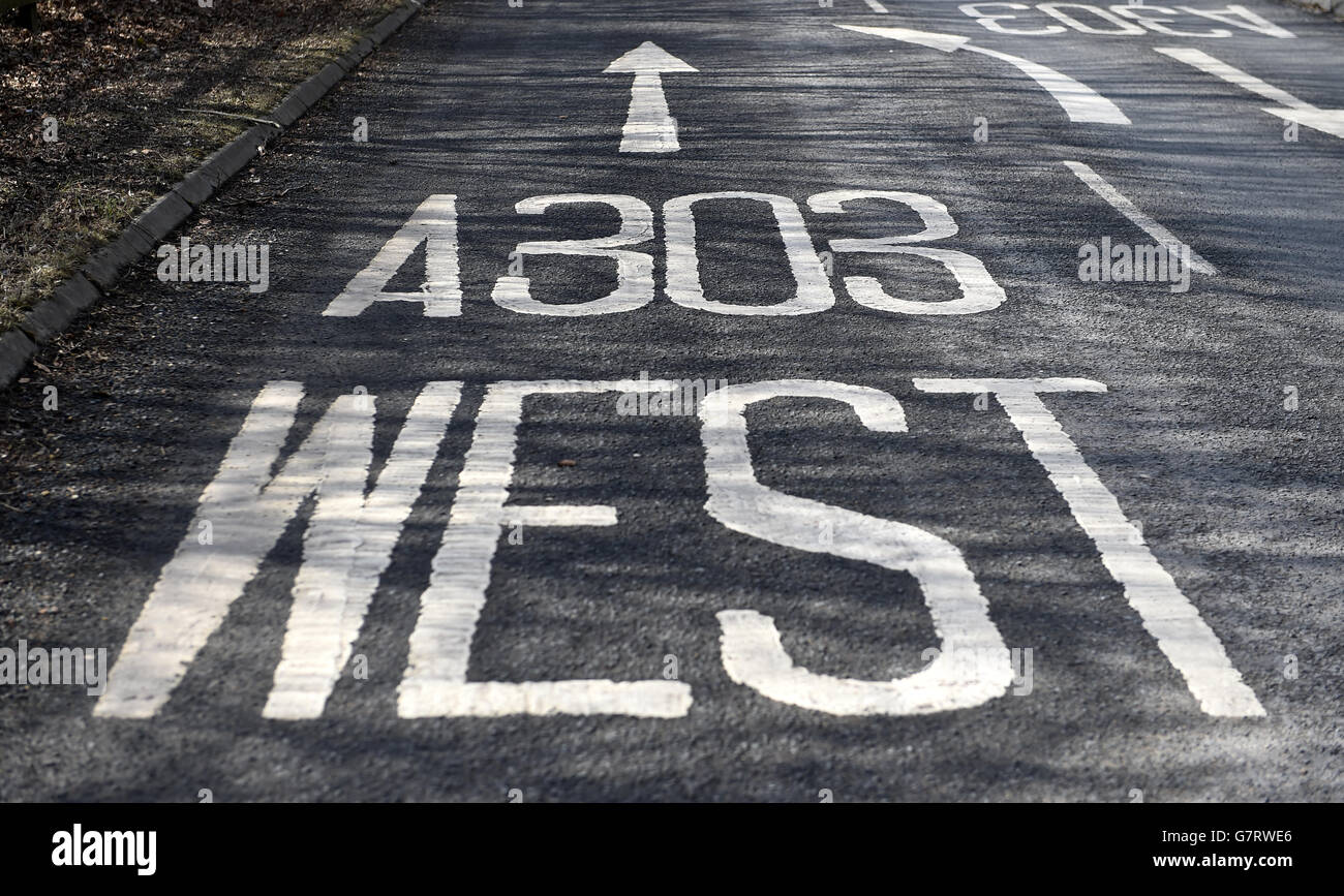 General view of road markings directing traffic to the A303 A-road ...