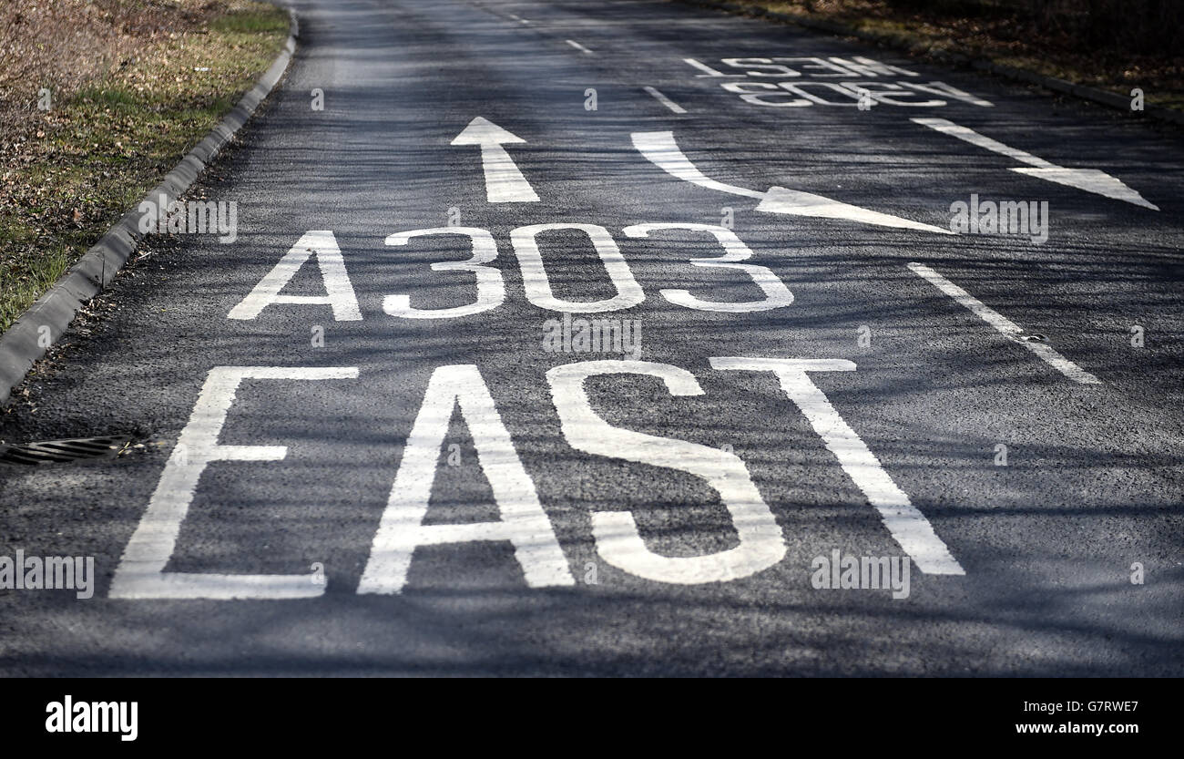 General view of road markings directing traffic to the A303 A-road ...