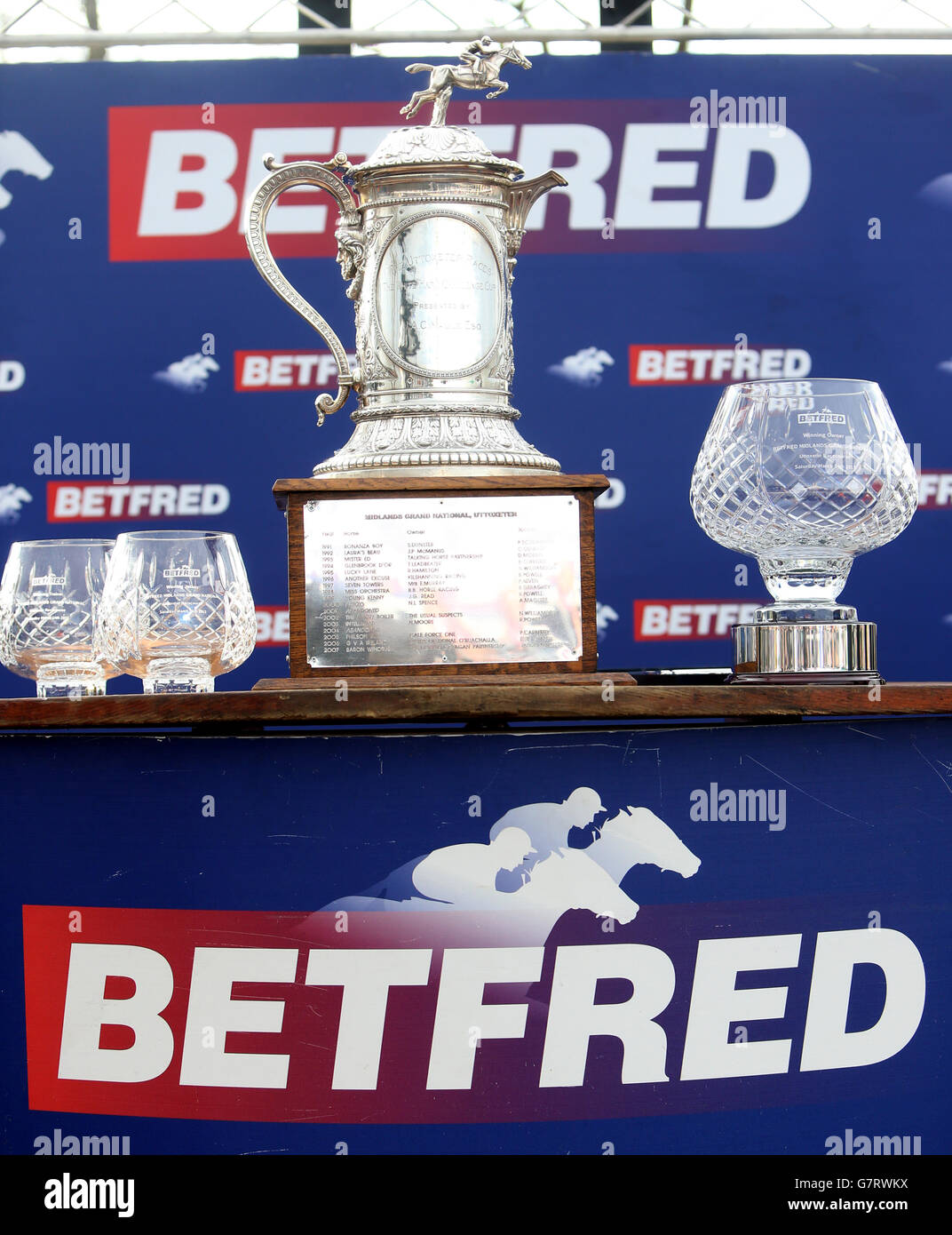 A general view of the Betfred Midlands Grand National trophy in the ...