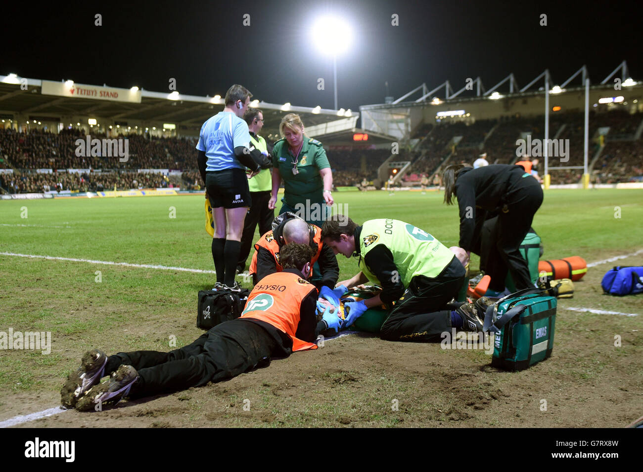Northampton Saints' George North is treated for a head injury during ...