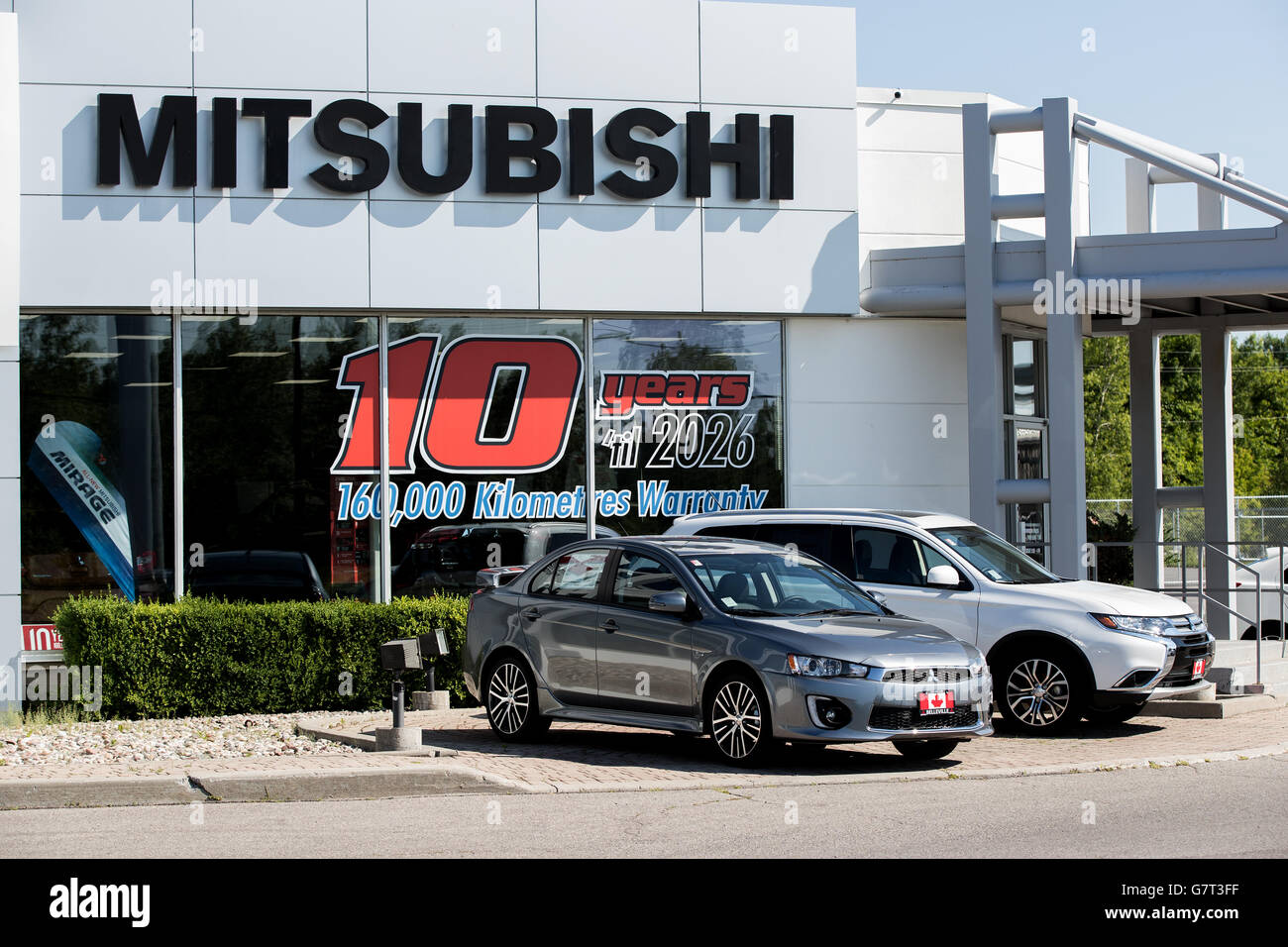 Mitsubishi car dealership in Belleville, Ont., on June 24, 2016 Stock ...