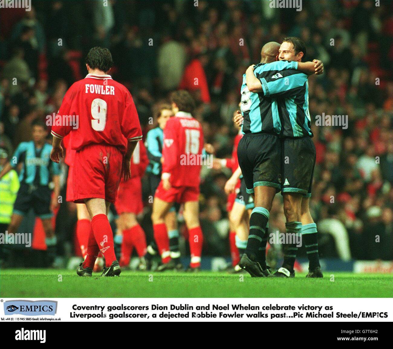 Coventry goalscorers Dion Dublin and Noel Whelan celebrate victory as ...