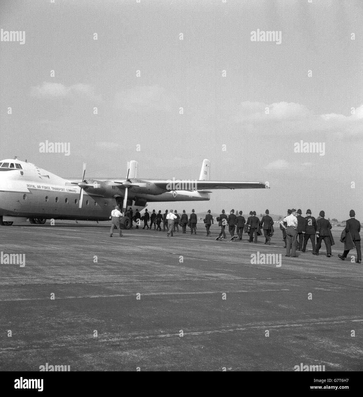 Beneath the wing of a Royal Air Force Transport Command Argosy, Britain ...