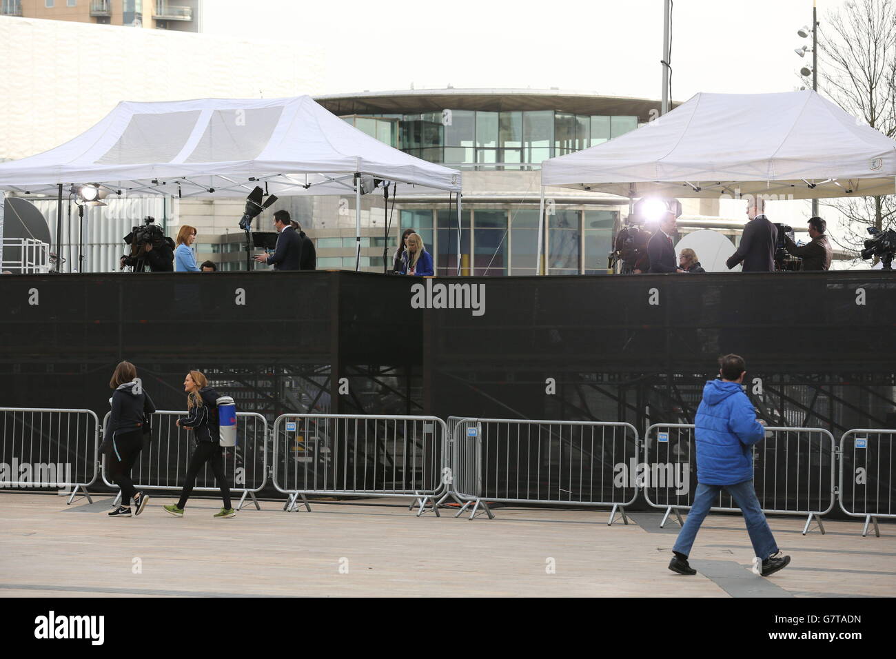 Media are assembled outside the ITV Studios at MediaCityUK in Salford ...