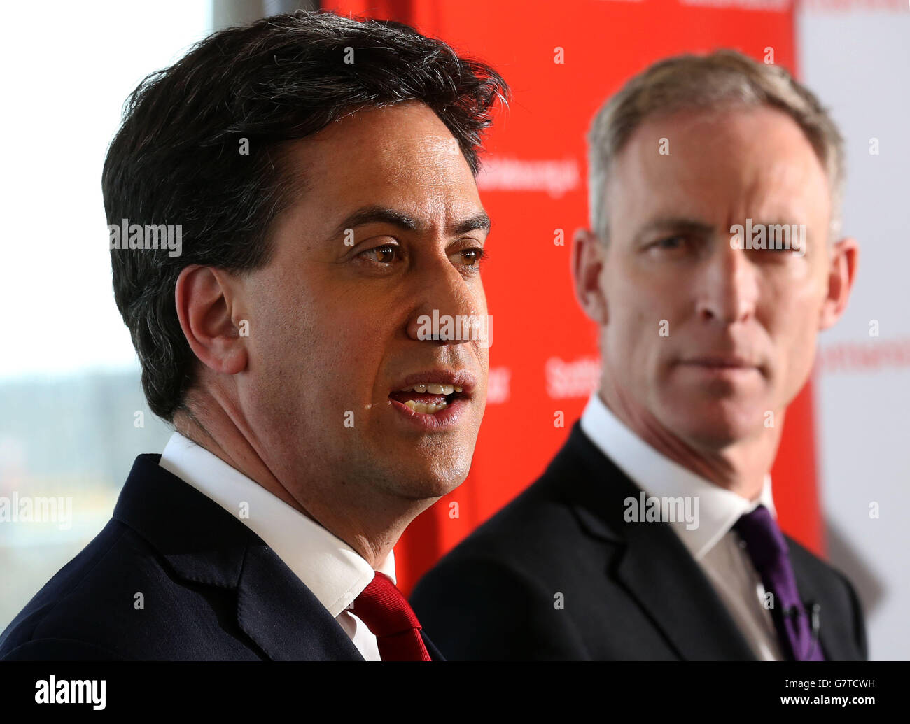 Labour leader Ed Miliband and Scottish Labour leader Jim Murphy appear ...