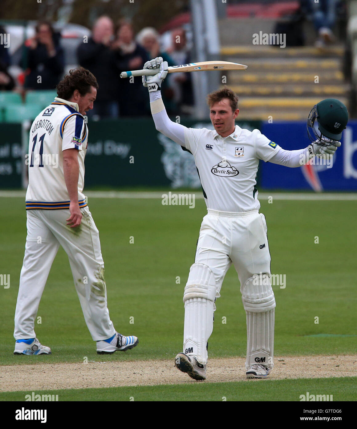 Worcestershire batsman Tom Fell celebrates this 100 during the LV ...