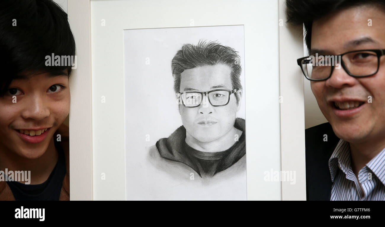Ethan Cheung, 13, from Bangor, with father Allen Cheung, with his piece 'Portrait of my Dad ...