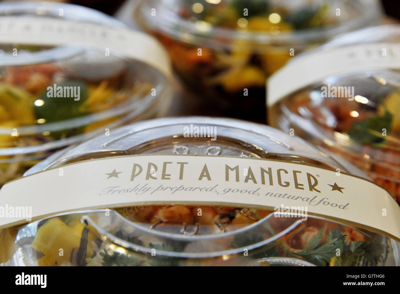 A Pret A Manger food items on display in a Pret cafe, central London ...