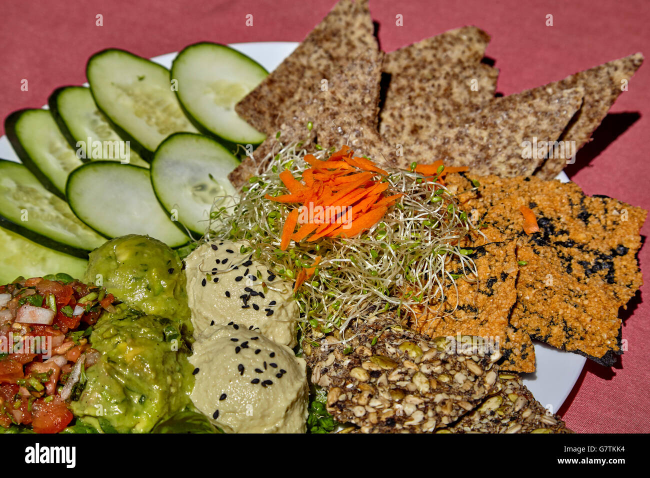 Plate of healthy organic appetizers including guacomole, salsa, hummus ...