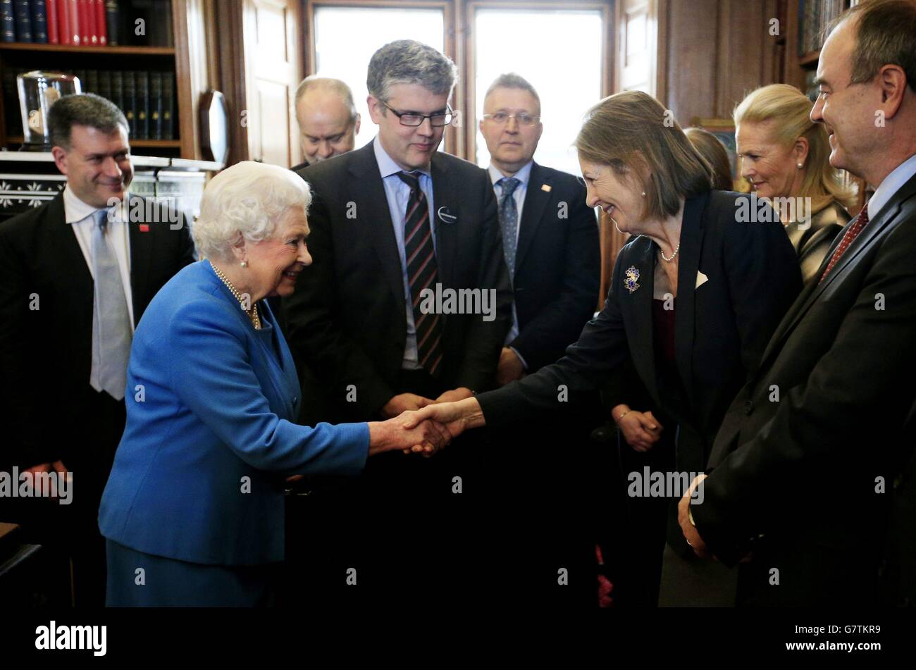 Queen Elizabeth II (left) greets Baroness Blackstone, Chair of the ...