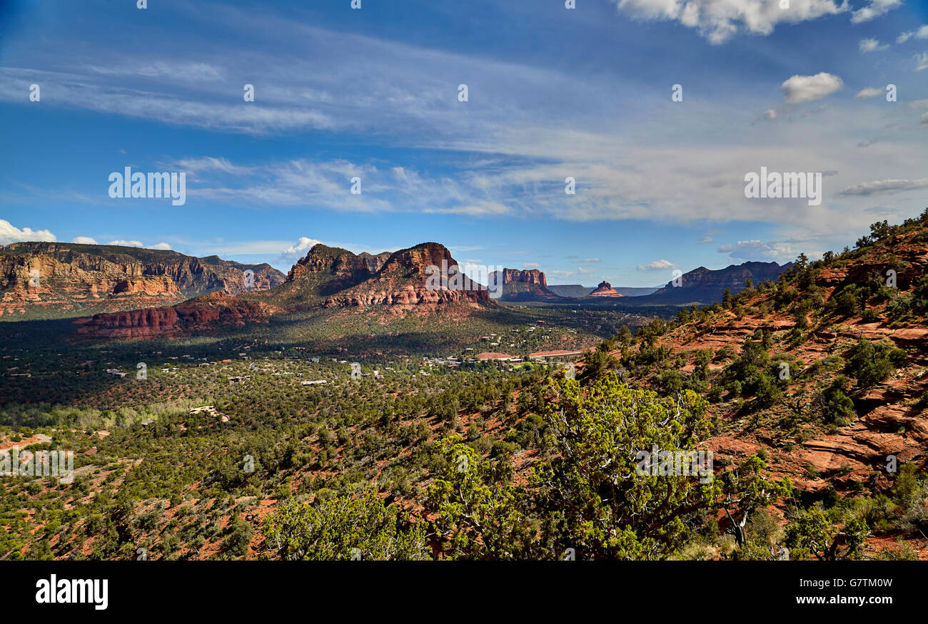 Scenic overlook of Sedona Arizona with Red Rock Mountains and Bell Rock in Background Stock ...