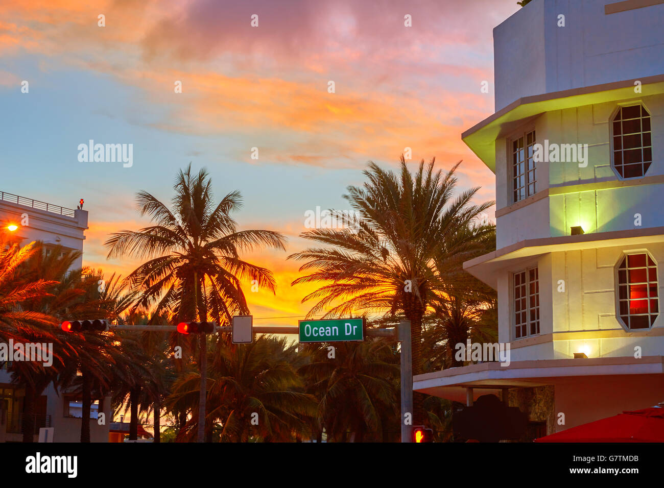 Miami Beach South Beach sunset in Ocean Drive sign Florida Stock Photo ...