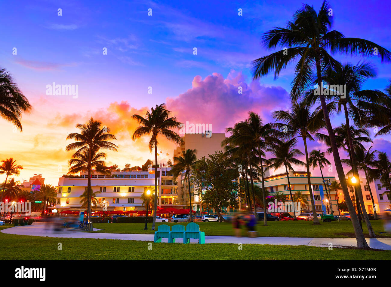 Miami Beach South Beach sunset in Ocean Drive Florida Art Deco Stock ...