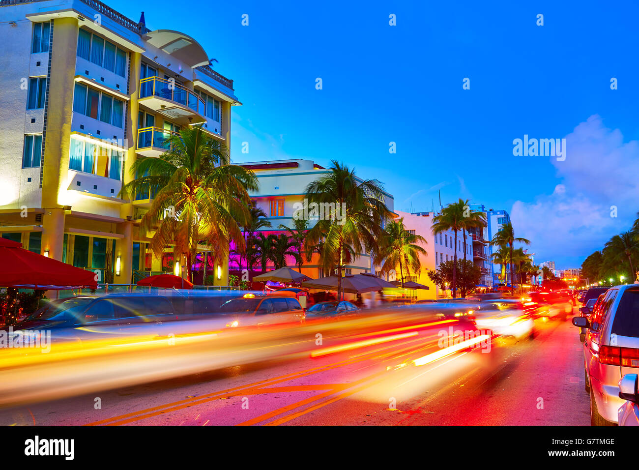 Miami Beach South Beach sunset in Ocean Drive Florida Art Deco and car ...