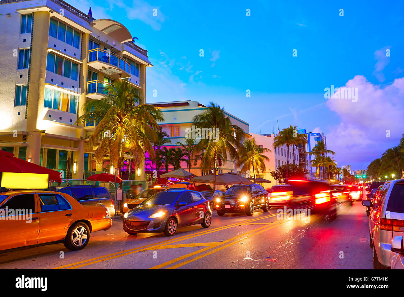 Miami Beach South Beach sunset in Ocean Drive Florida Art Deco Stock ...