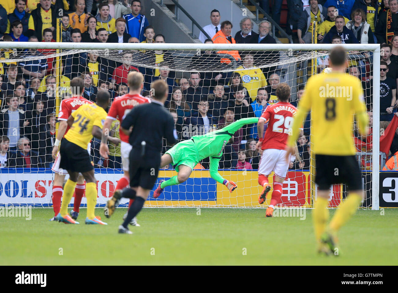 Middlesbrough goalkeeper Dimitrios Konstantopoulos (centre) is unable ...