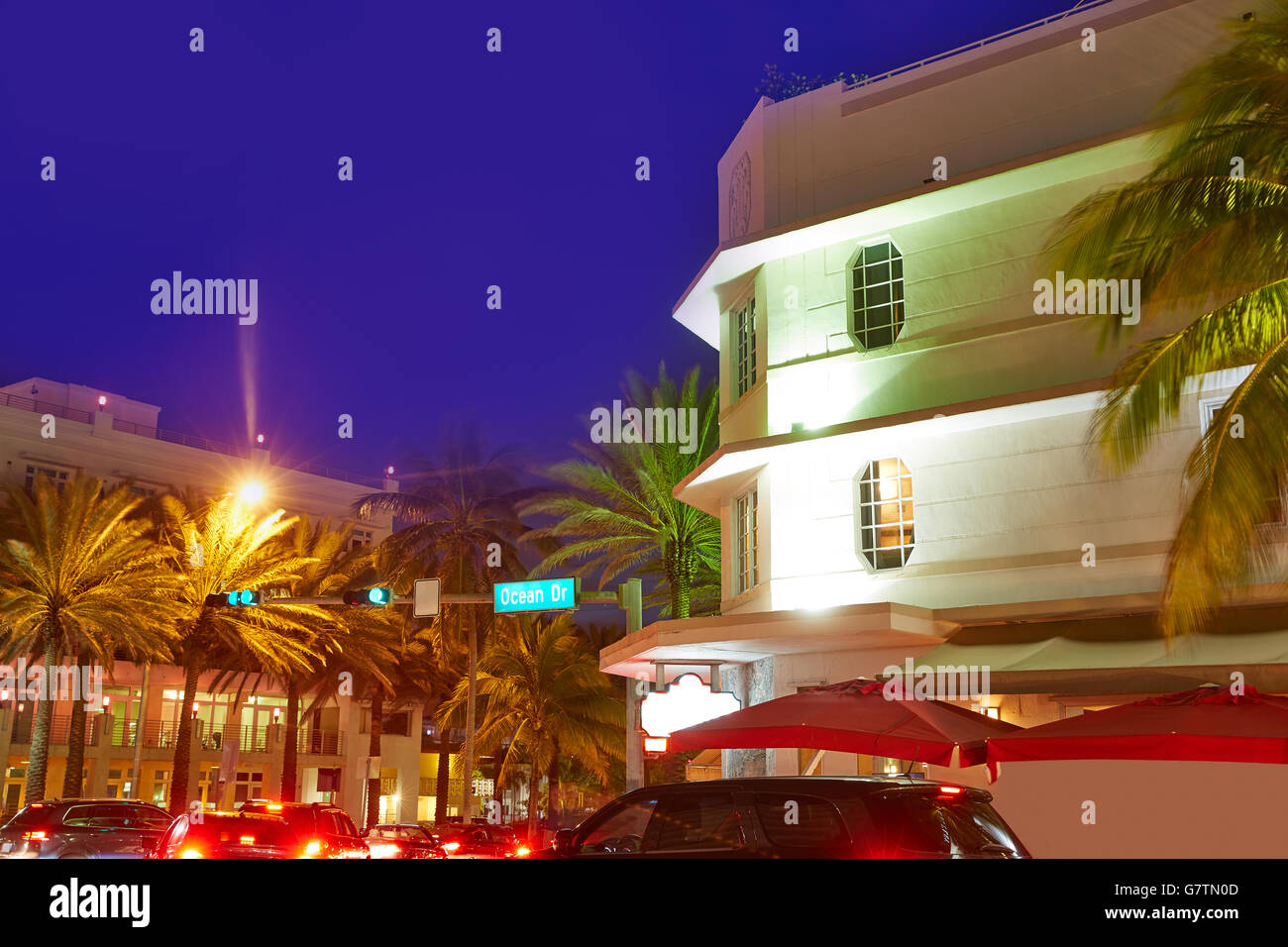Miami Beach South Beach sunset in Ocean Drive Florida Art Deco Stock ...