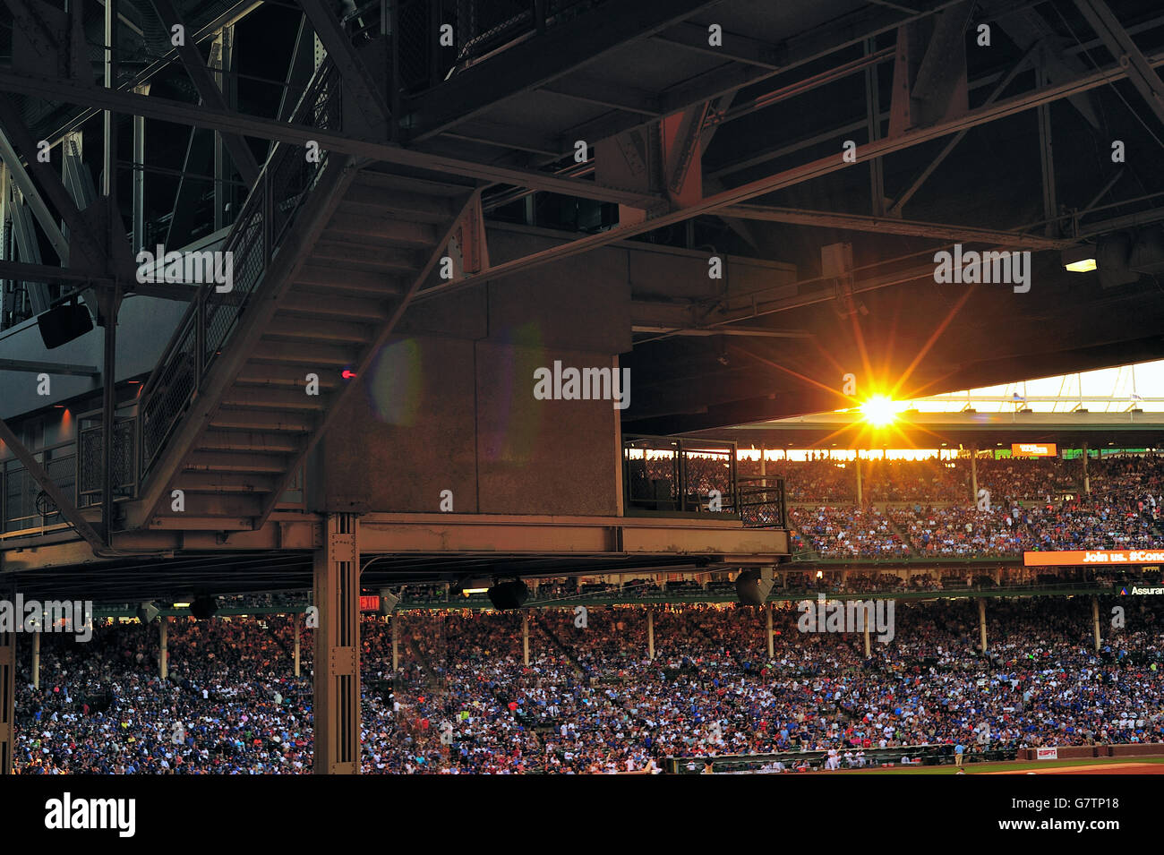 Game day at Wrigley Field, home to the Chicago Cubs as the setting sun ...
