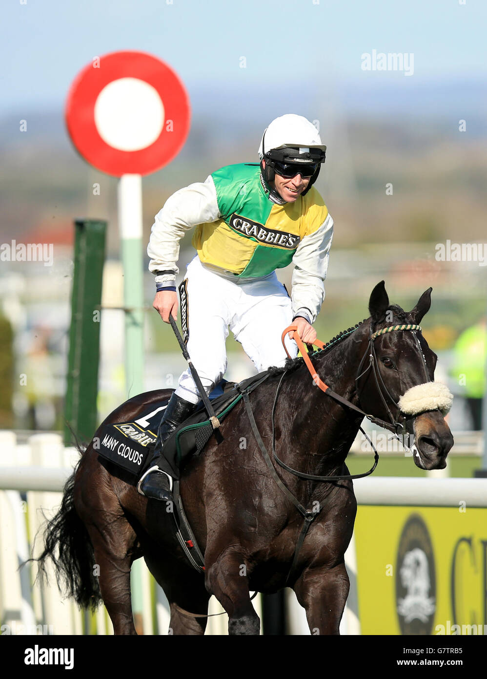 Jockey Leighton Aspell celebrates on board Many Clouds after victory in ...